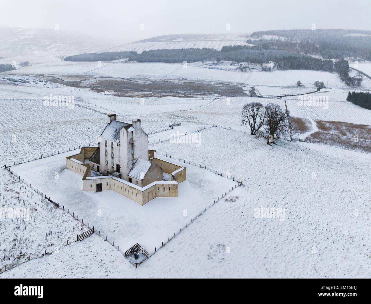 Aerial view of Corgarff Castle in winter snow, Aberdeenshire, Scotland ...