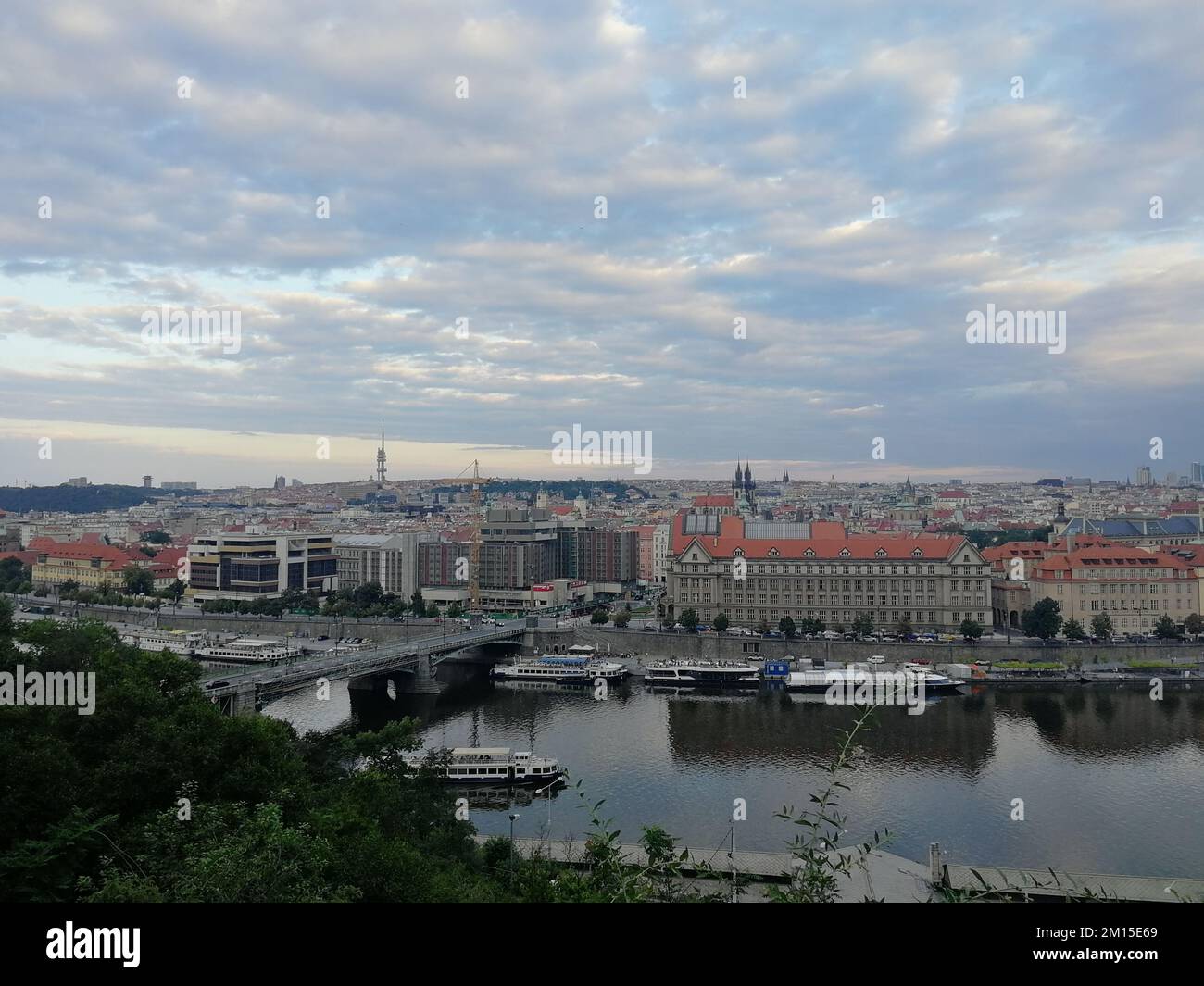 An aerial view of the skyline of Prague near the Vltava River under a bright sky Stock Photo - Alamy