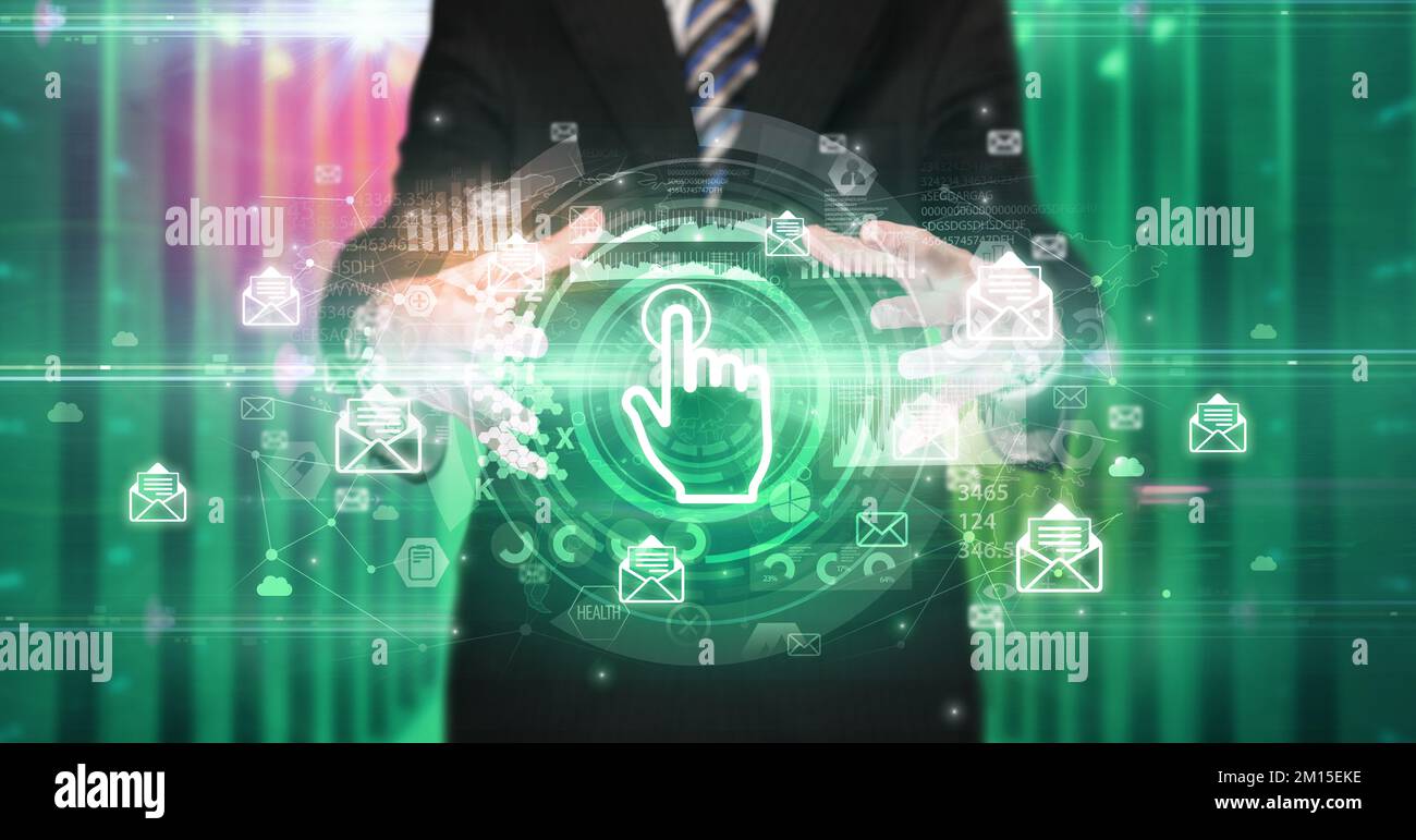 Businessman holding technology icon concept Stock Photo - Alamy