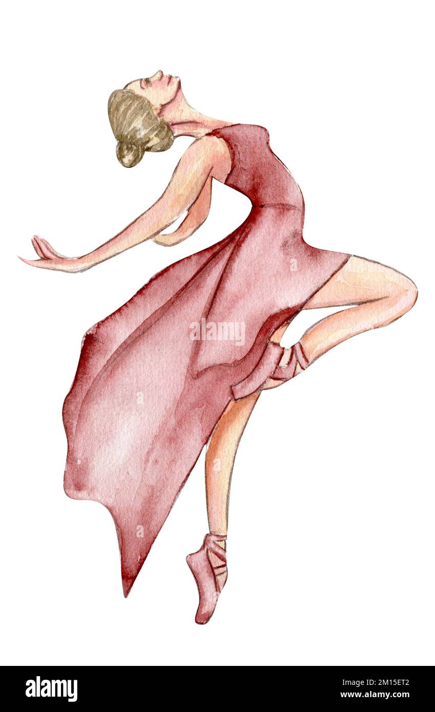 Watercolor dancing ballerina in pink dress. Isolated dancing ballerina ...