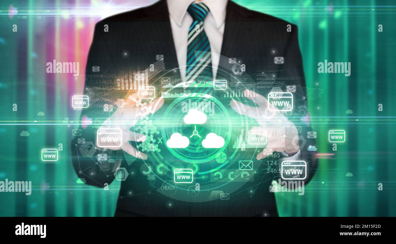 Businessman holding technology icon concept Stock Photo - Alamy