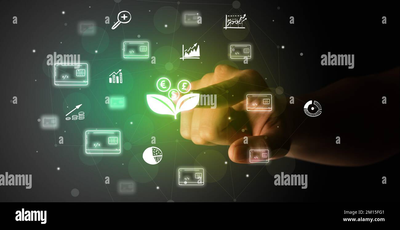 Businessman finger touching on screen multimedia interface with hand ...