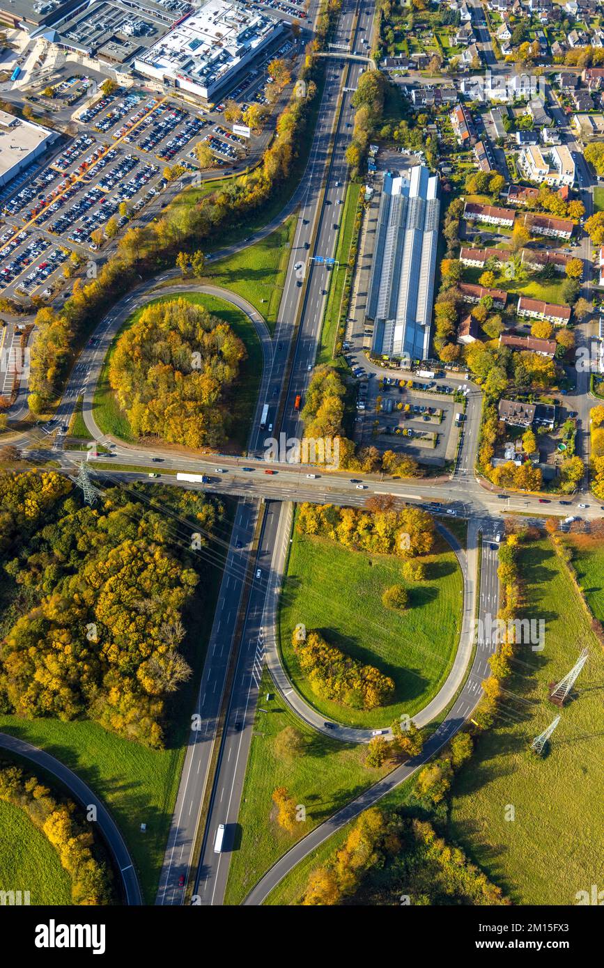 Aerial view, freeway A40 junction Bochum-Werne at Ruhr Park in Harpen ...