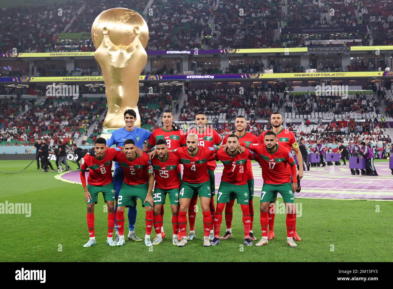 Doha, Qatar. 10th Dec, 2022. Starting players of Morocco line up before ...
