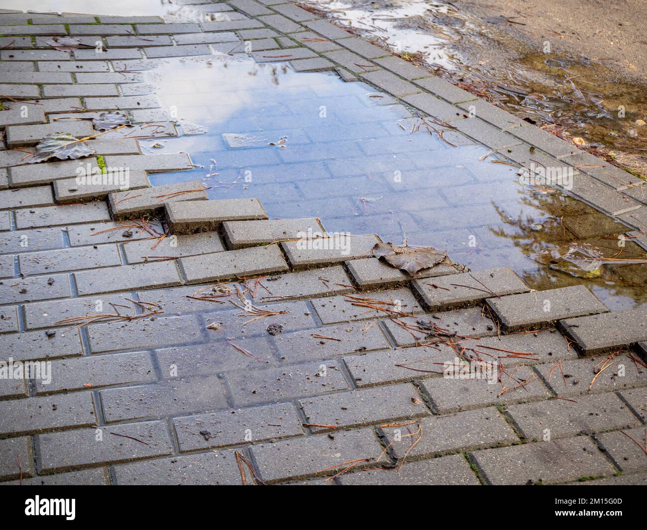 puddle in a pothole on a road after a rainstorm. Concept of risk and ...