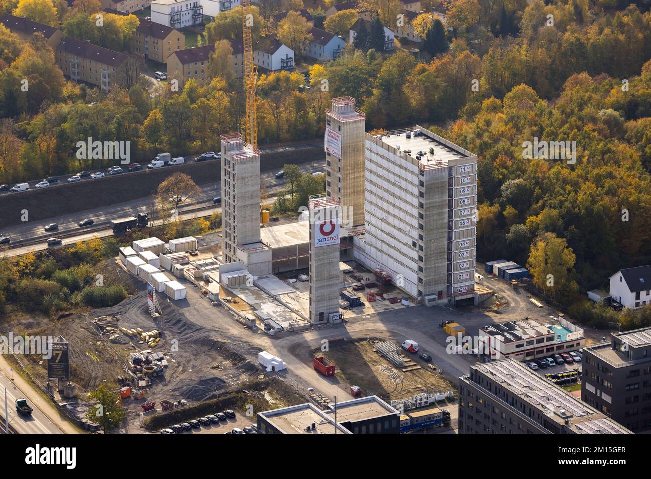 Aerial view, construction site and new construction of a building complex in modular ...