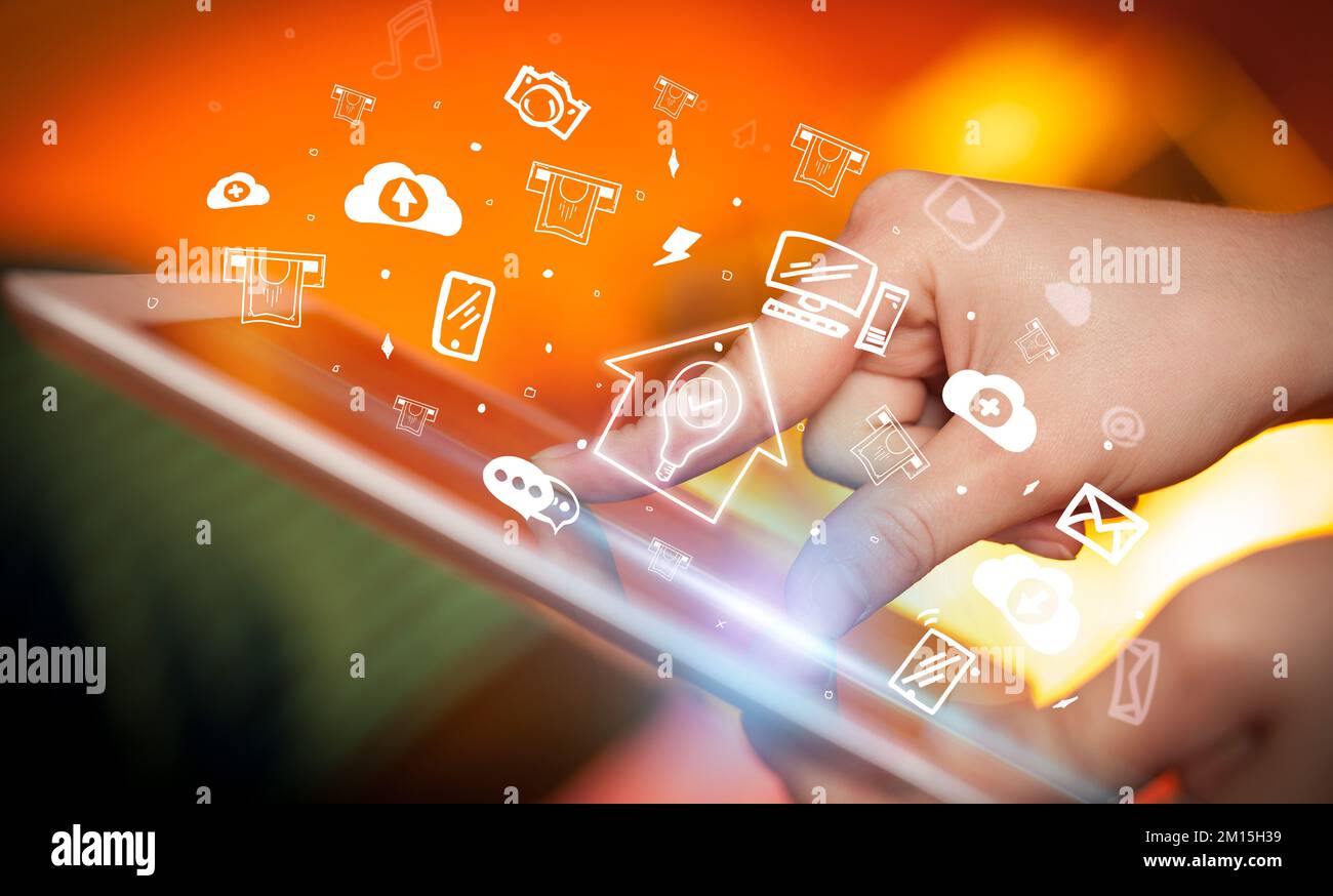 Close-up of a touchscreen with hand drawn icons Stock Photo - Alamy