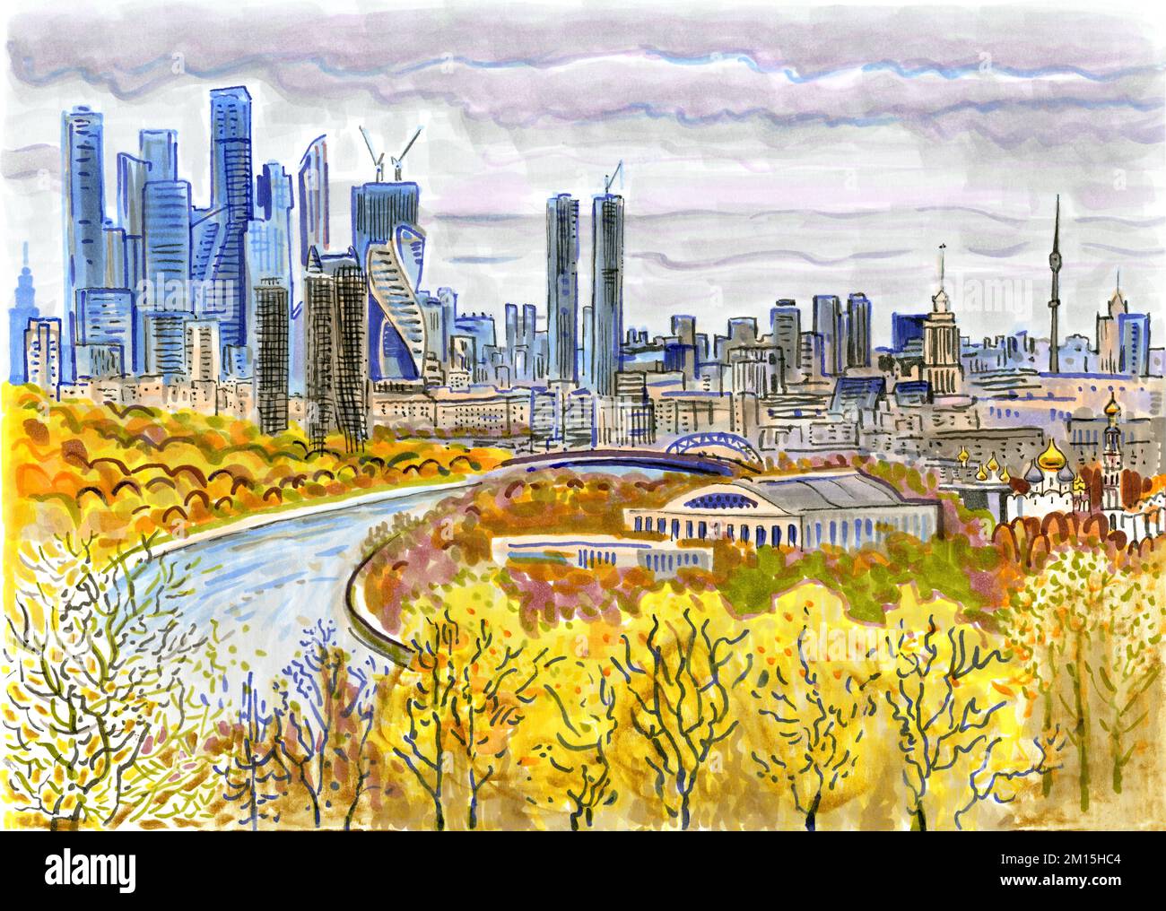 Moscow city skyline in autumn. Famous view of the capital of Russia ...