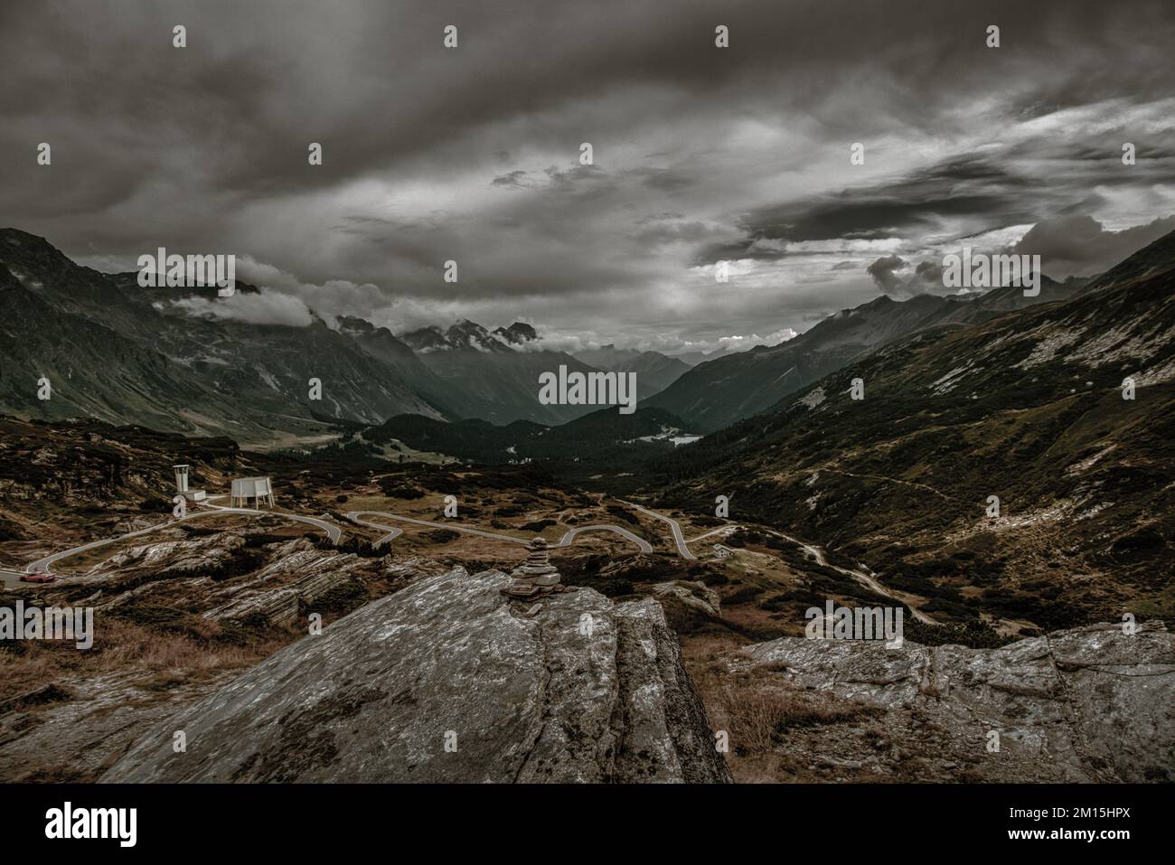 An aerial landscape of the rocky hill San Bernardino covered in dark ...