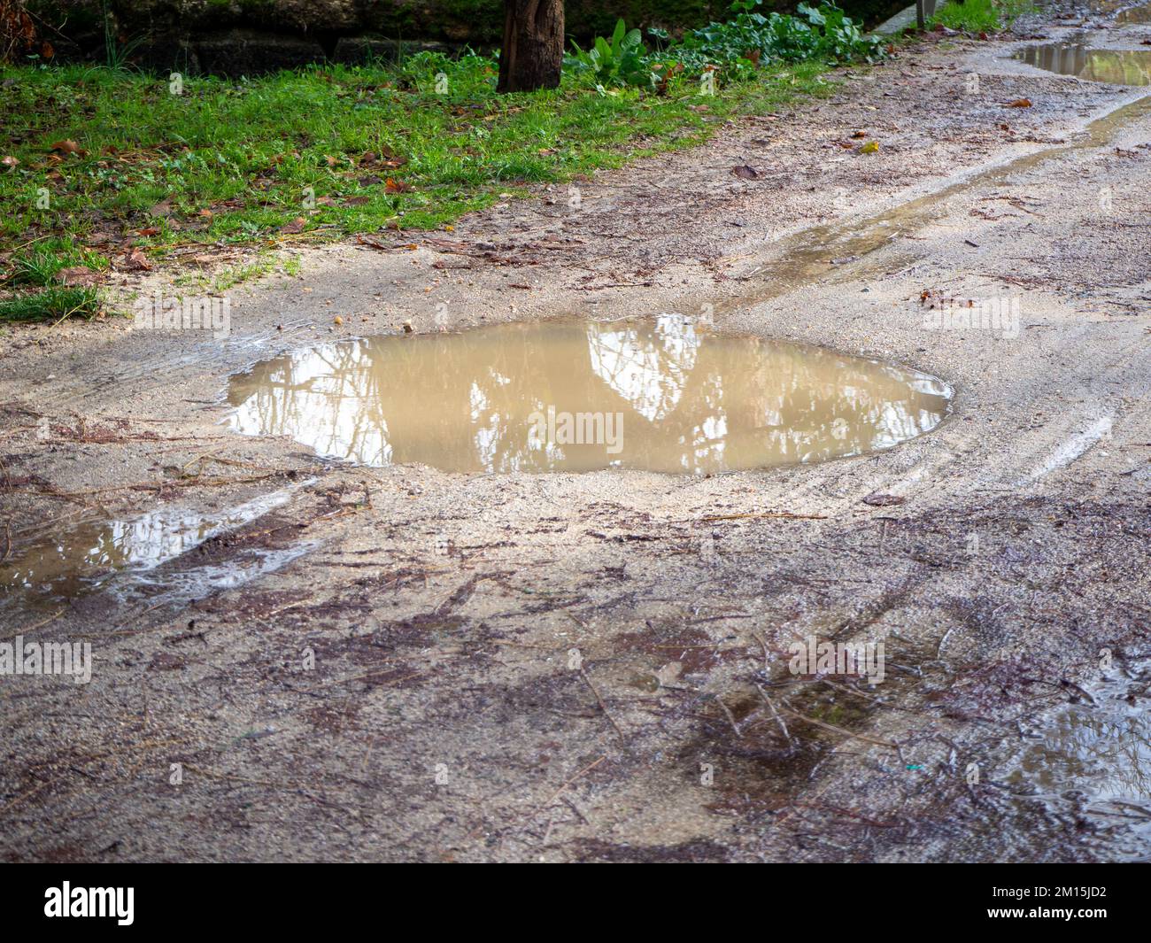 water-filled potholes on a sandy road after the rain Stock Photo - Alamy