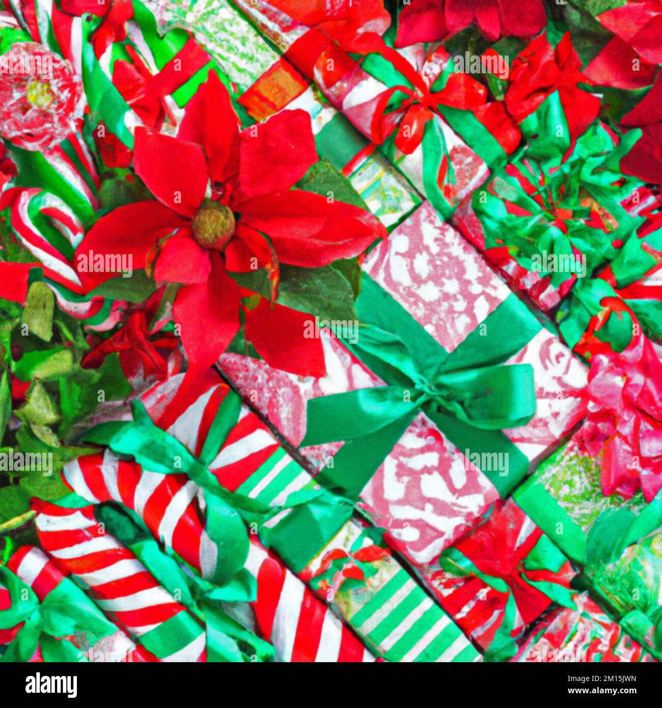 Holiday gift packages, wrapped with ribbons and bows. poinsettia, candy ...