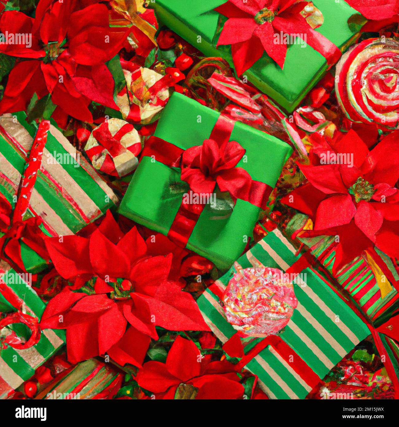 Holiday gift packages, wrapped with ribbons and bows. poinsettia, candy ...