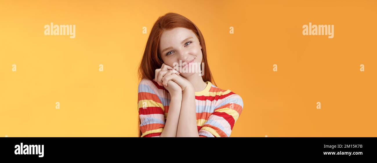 Sweet Silly Tender Redhead Young Girl Leaning Palms Touched Smiling