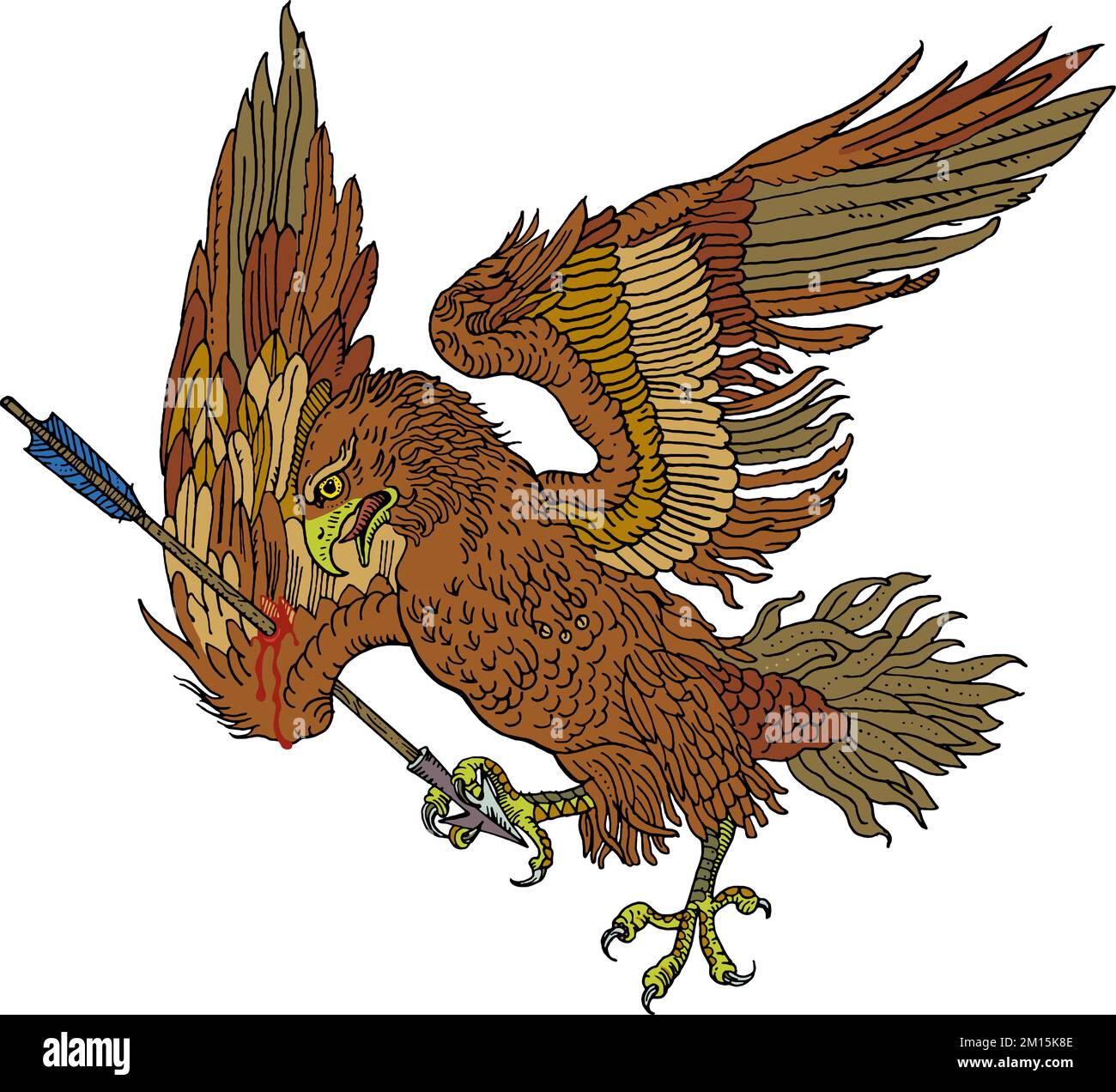 Wounded eagle with an arrow in his wing. Medieval engraving style ink ...