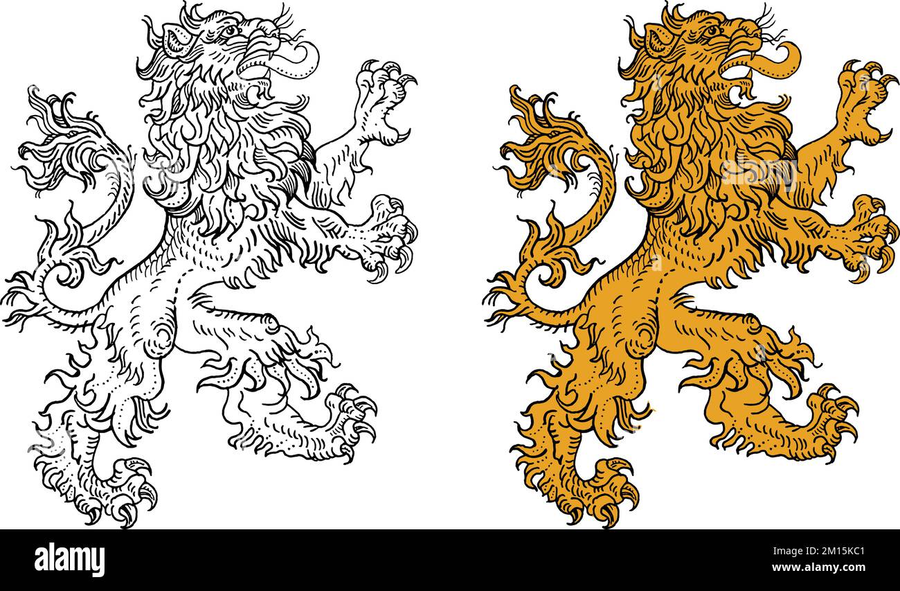 Heraldic lion standing rampaging on its hind legs. Medieval engraving ...