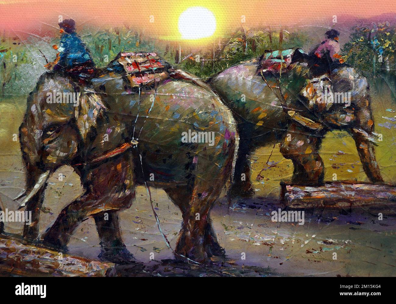 Art painting Acrylic color Elephant family , elephant hauling logs ...
