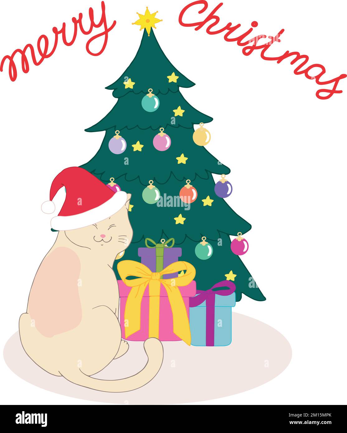 Merry Christmas greeting card with a cute cat in Santa's hat sitting ...