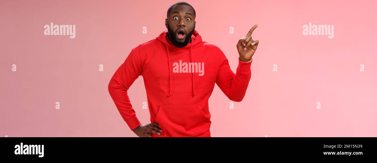 Shocked astonished black bearded young guy drop jaw gasping speechless ...