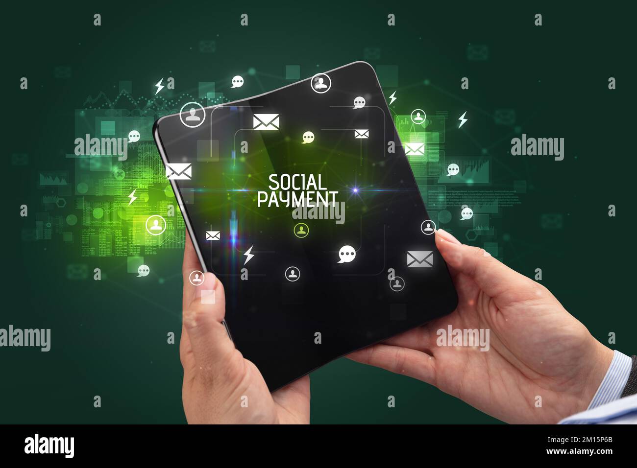 Businessman holding a foldable smartphone, social media concept Stock ...