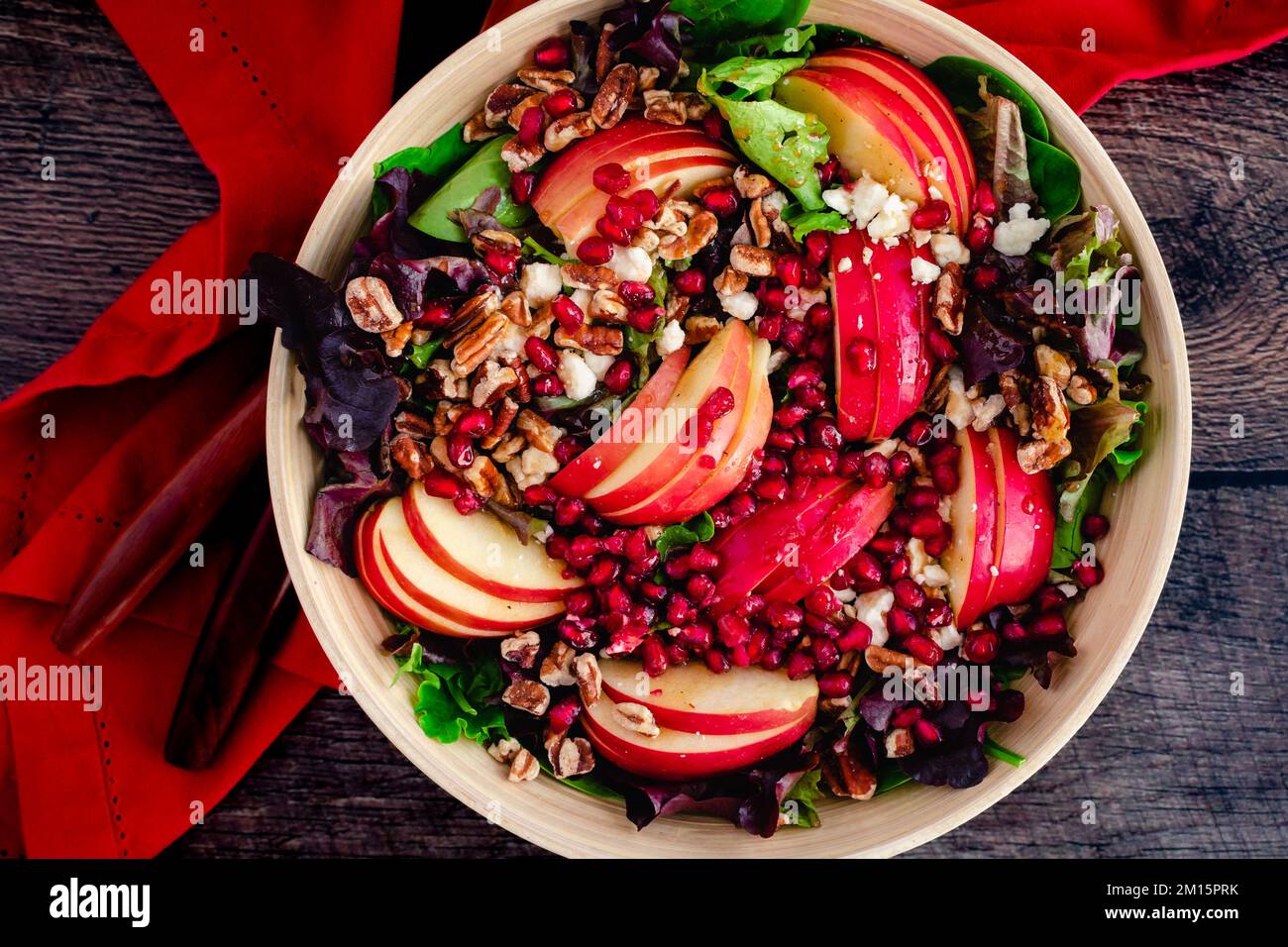 Fall Harvest Apple Pomegranate Salad Viewed From Above: Salad made with ...