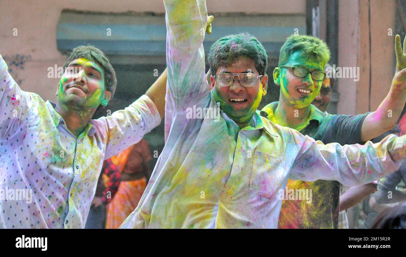 A group of men dancing to bid adieu to Lord Ganesha in Delhi during ...