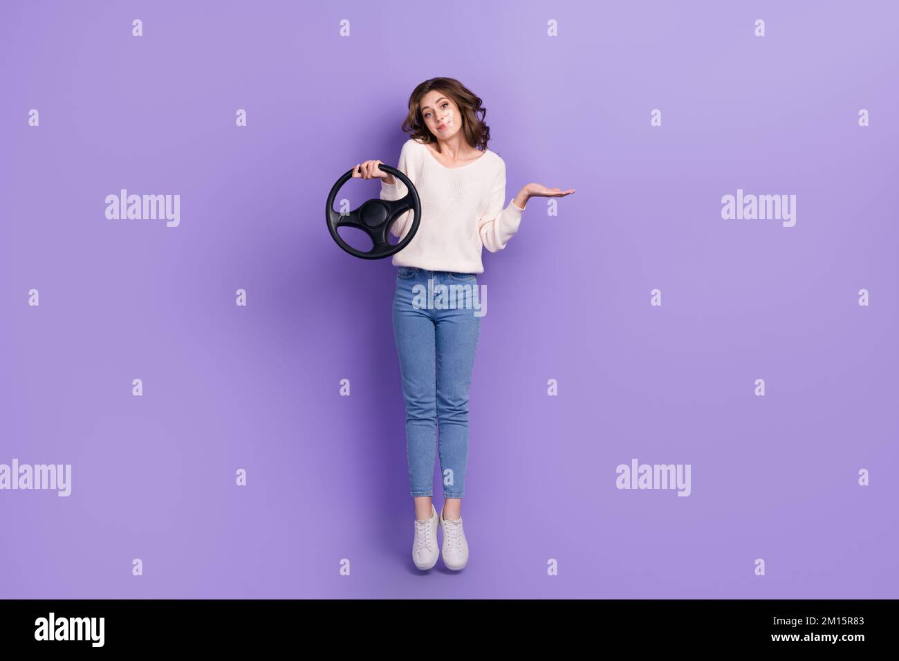 Full length photo of charming lady showing no answer dont know forgot ...