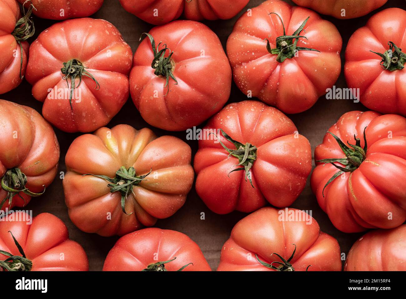 Top view of branch of delicious fresh big red tomatoes placed on ...
