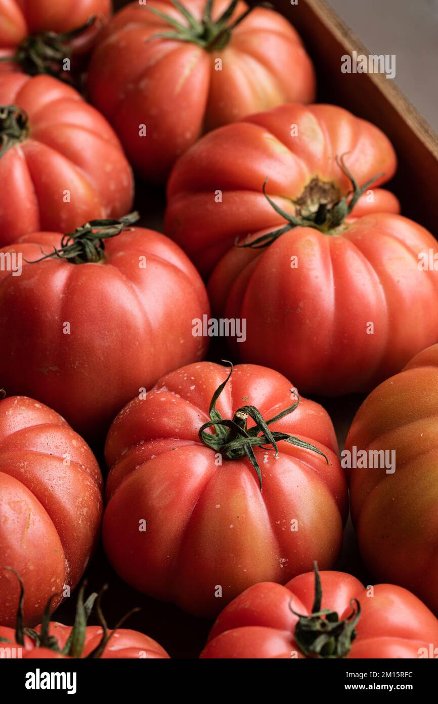 From above of branch of delicious fresh big red tomatoes placed on ...