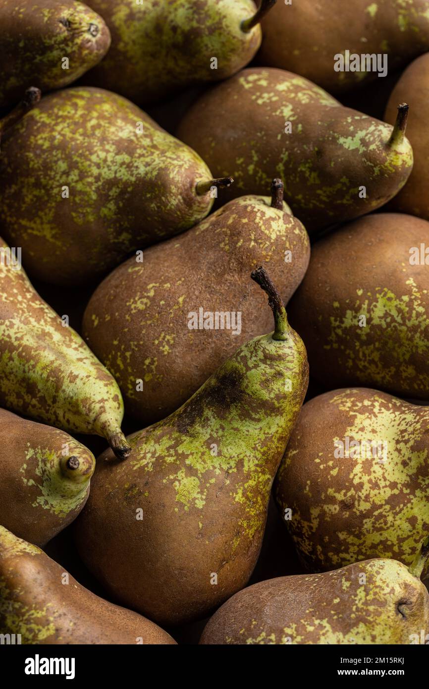 Top view full frame background of appetizing fresh green pears with ...