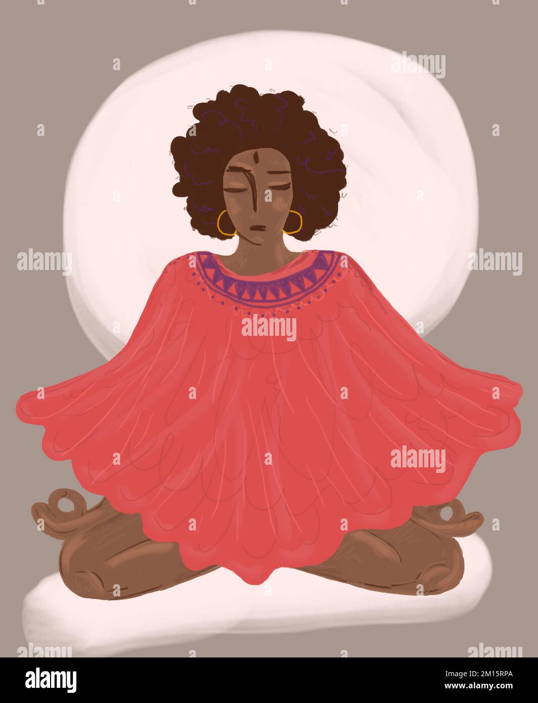Simple flat style drawing of calm female with bindi and in red poncho ...
