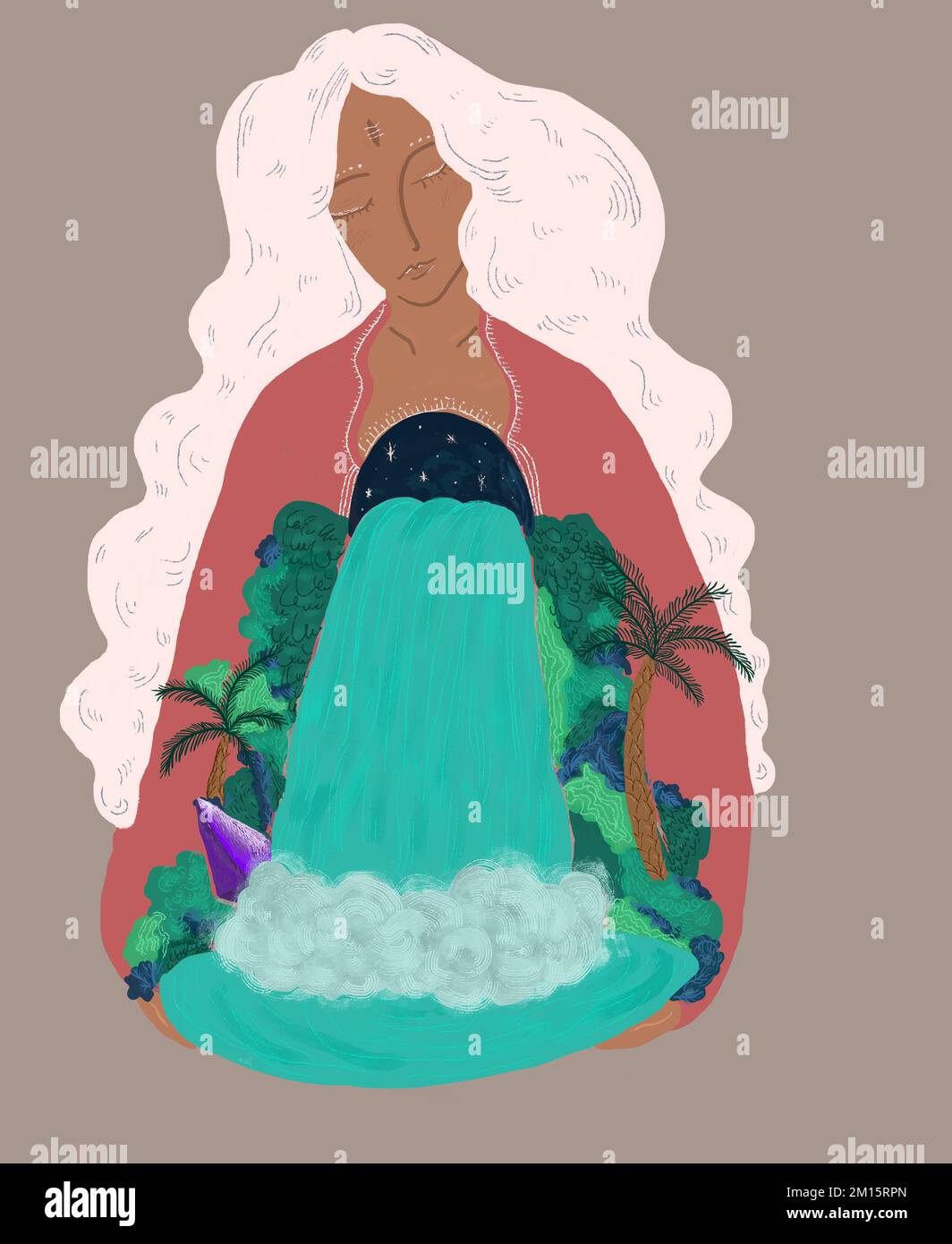 Simple hand drawing of woman with long silver hair and blue waterfall ...