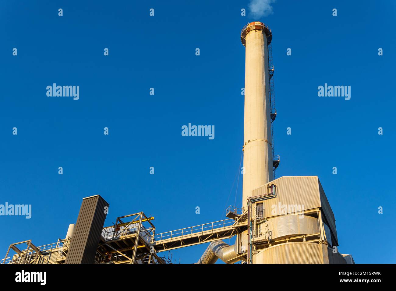 Low angle of contemporary building of industrial factory with high pipe ...