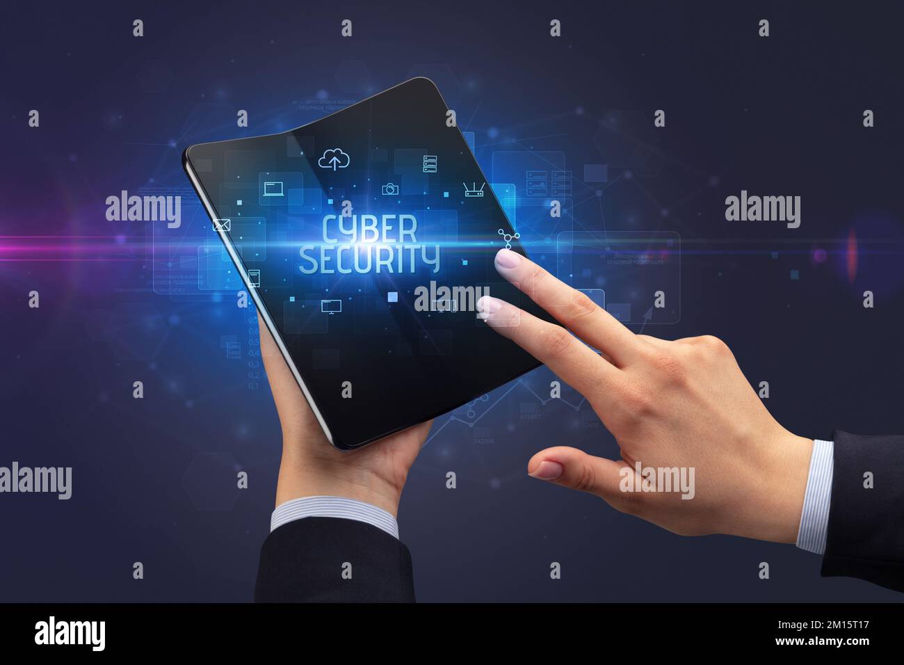 Businessman holding a foldable smartphone, security concept Stock Photo ...