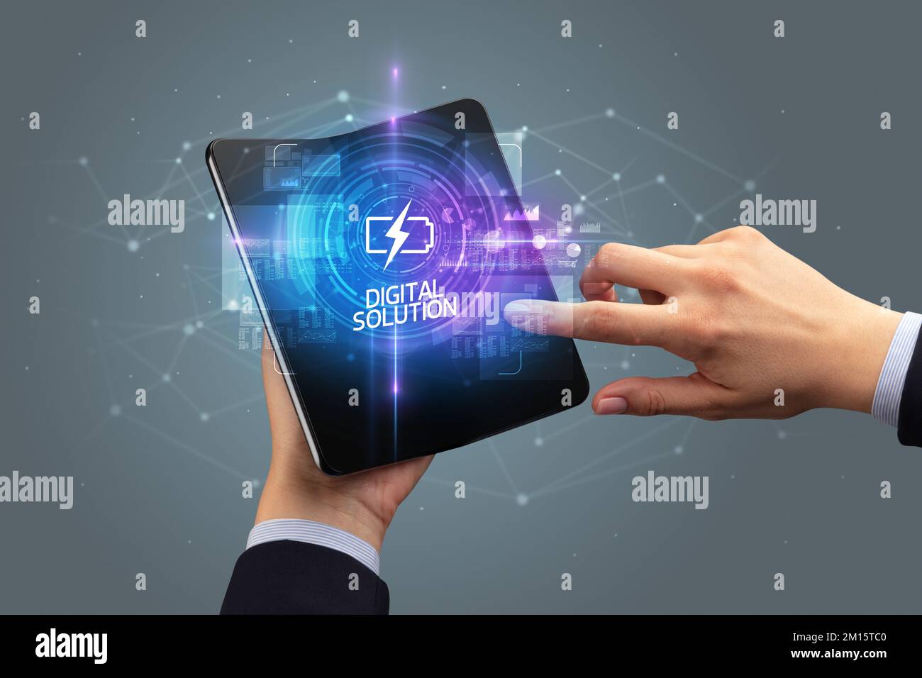 Businessman holding a foldable smartphone, technology concept Stock ...