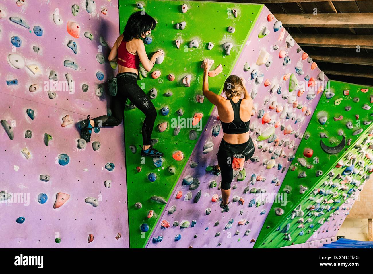 Full body female athletes climbing wall during workout in bouldering ...