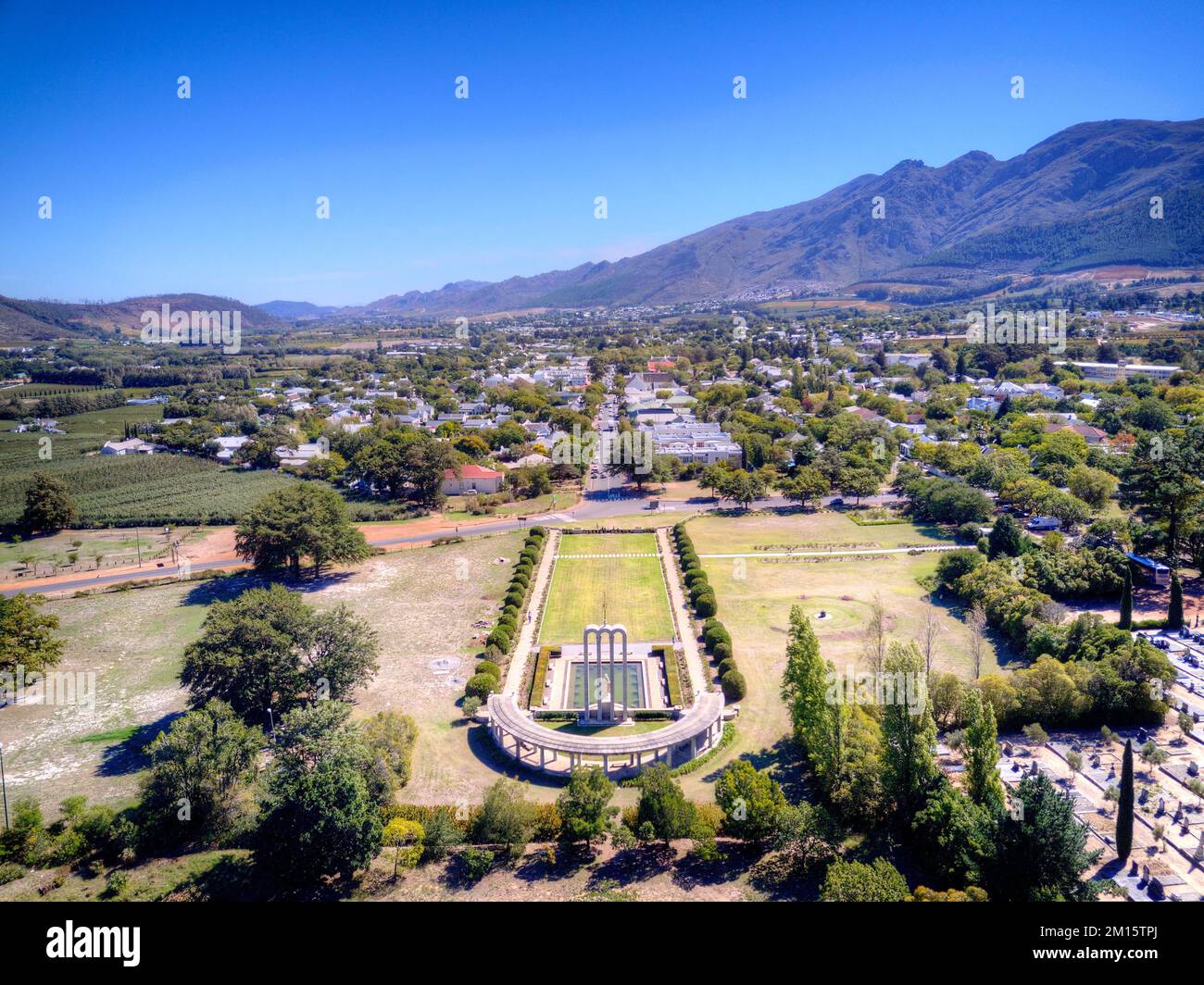 An aerial view of the historic Huguenot Monument in Franschhoek, South ...