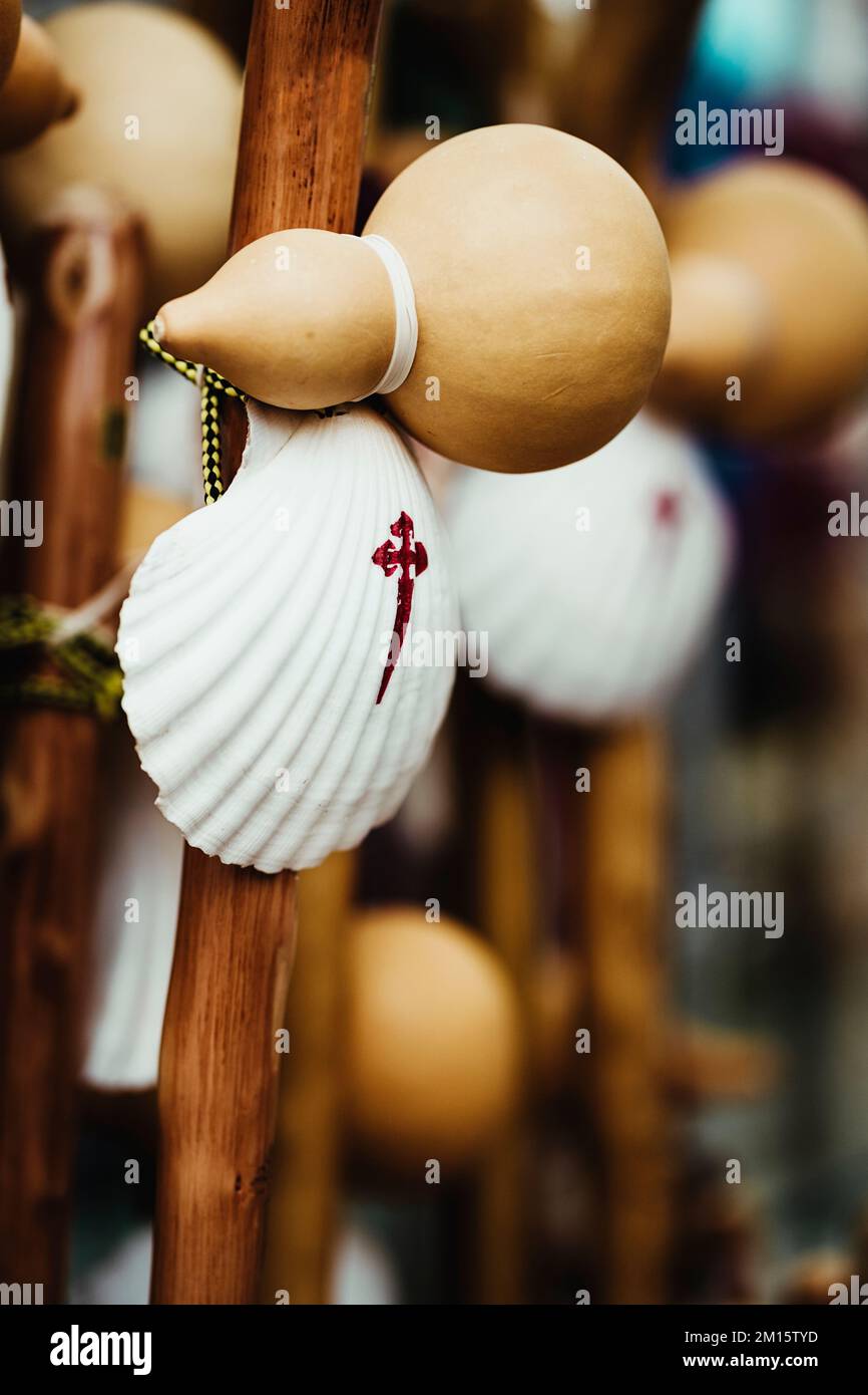 Symbolic milestone as scallop shell with cross of Santiago showing ...