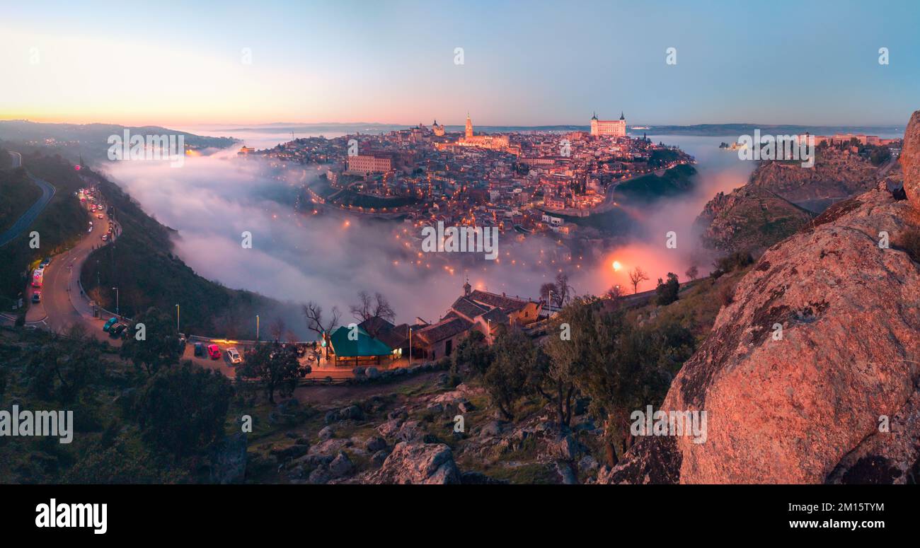From above amazing scenery of illuminated ancient Alcazar de Toledo ...