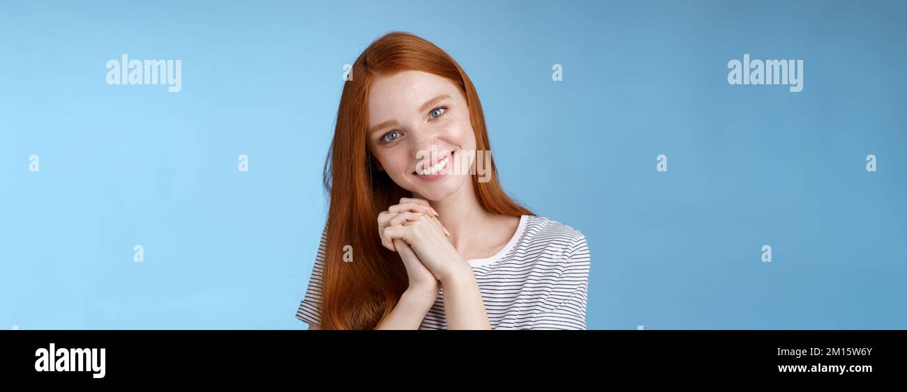 Romantic Tender Lovely Redhead Girlfriend Tilting Head Press Palms