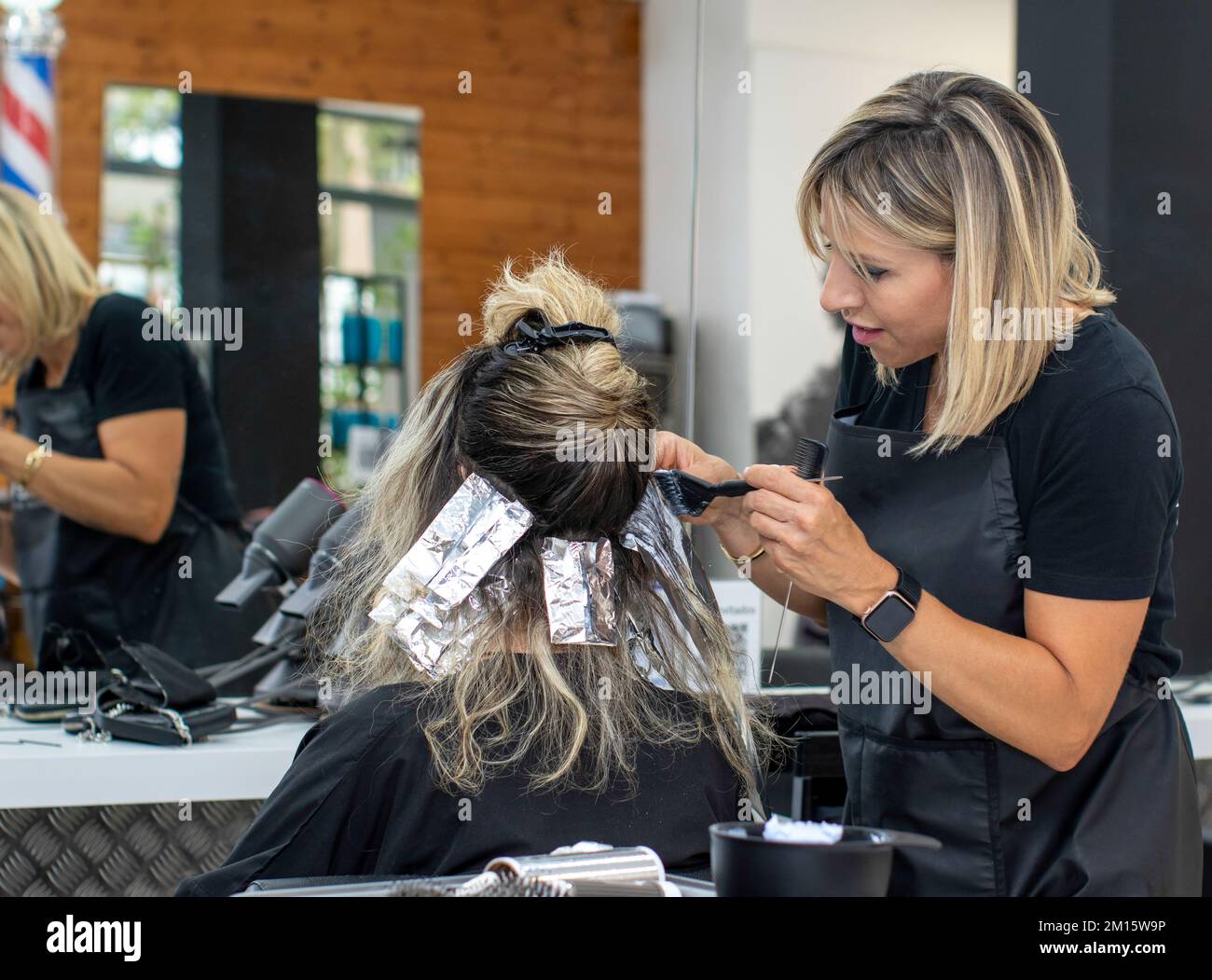 Happy blond hairstylist using brush to smear dye on woman hair Stock ...