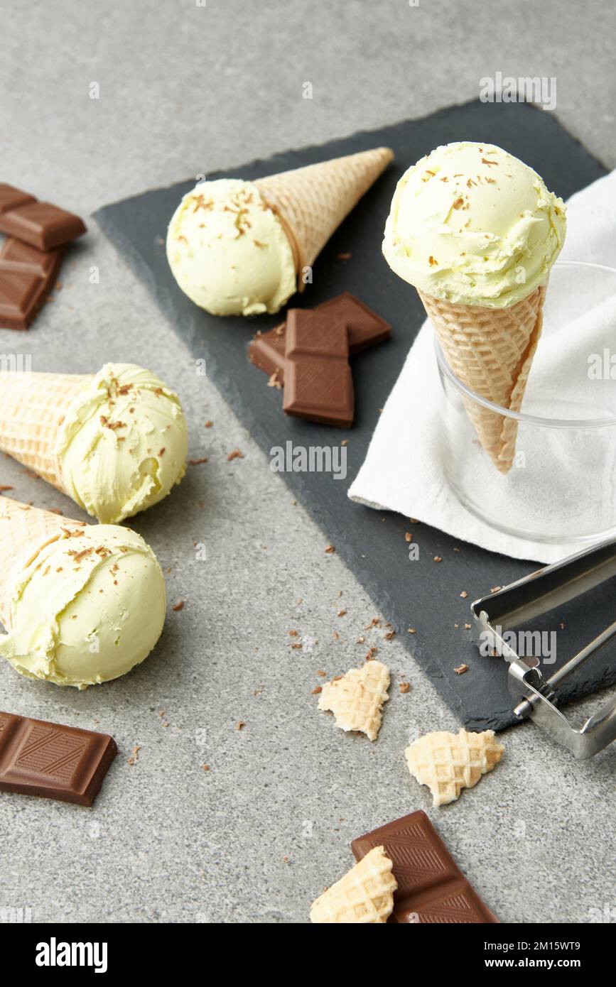High angle of crispy waffle cones with palatable homemade gelato ...