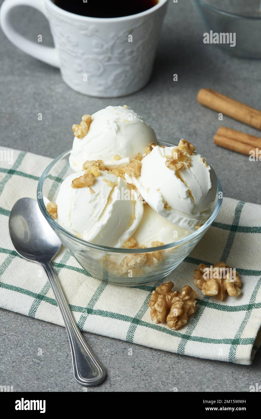 From above of yummy homemade gelato scoops topped with walnuts and ...