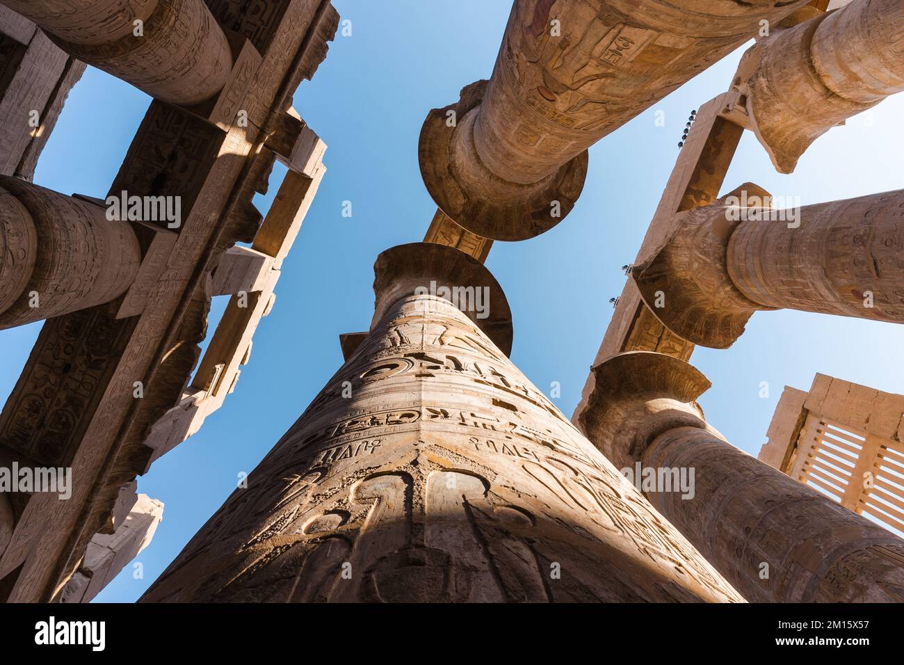 From below of tall columns with inscriptions and reliefs of Great ...