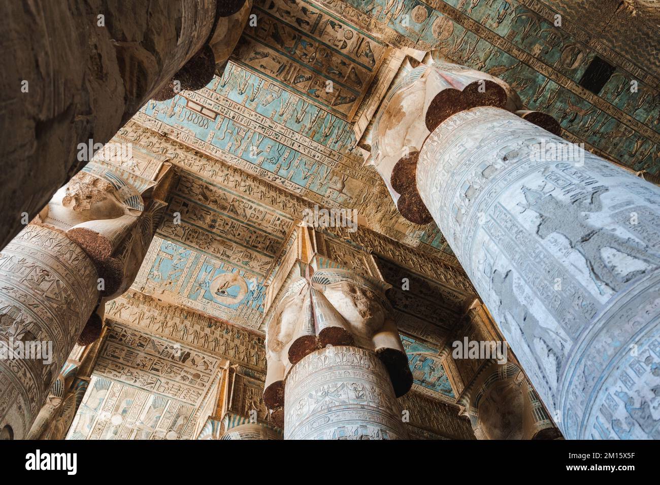 Low angle of old carved ornamental columns and ceiling inside of Great ...
