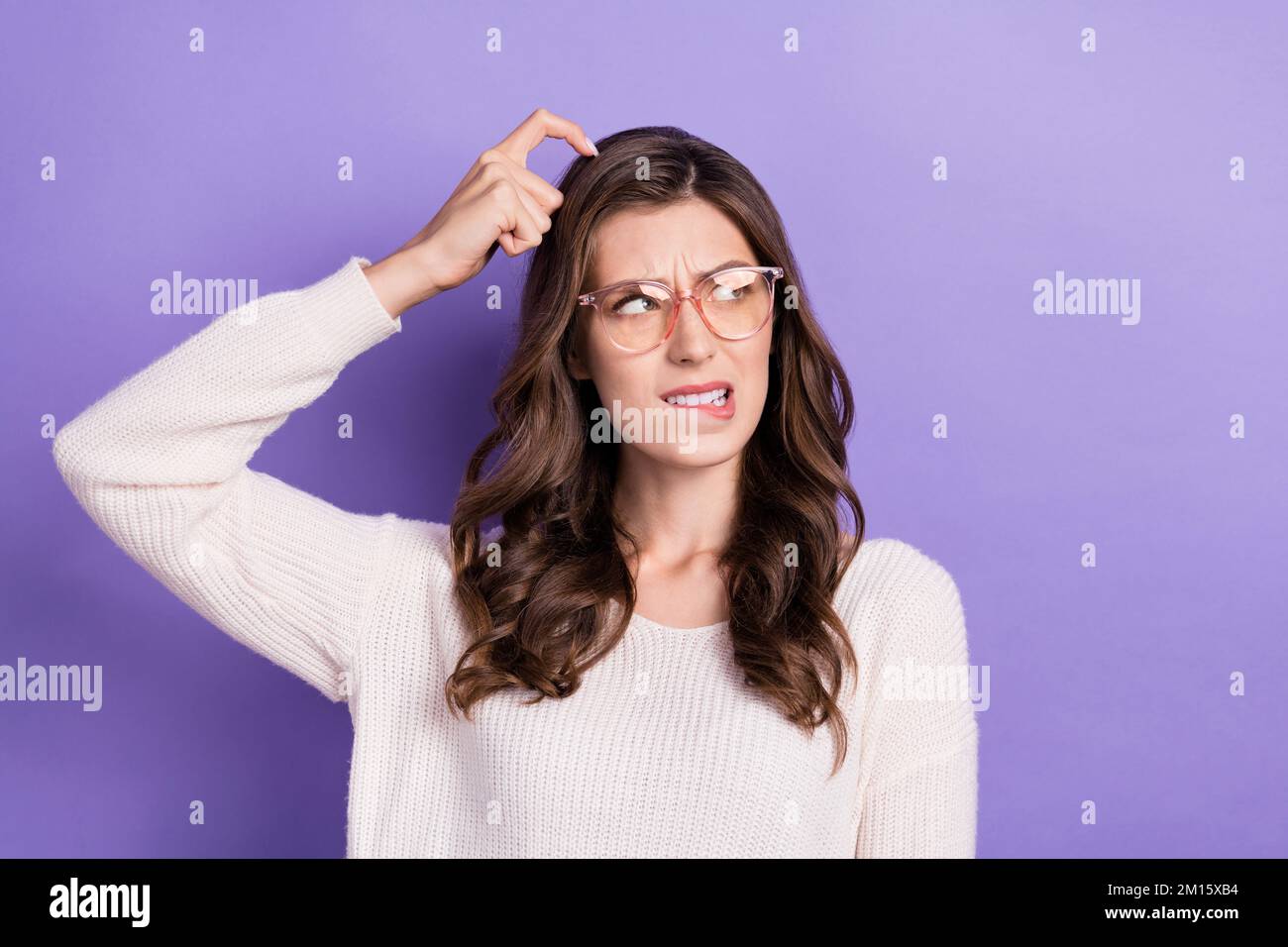 Closeup photo of funny face brunette hair woman wear white jumper ...
