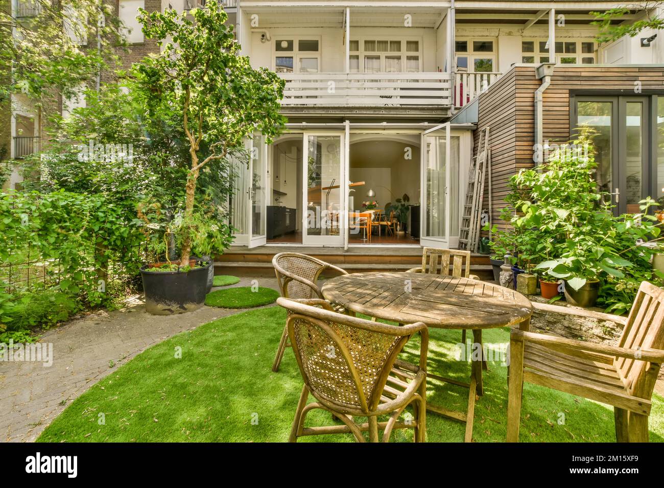 Backyard of a house with trees and green plants next to other houses ...