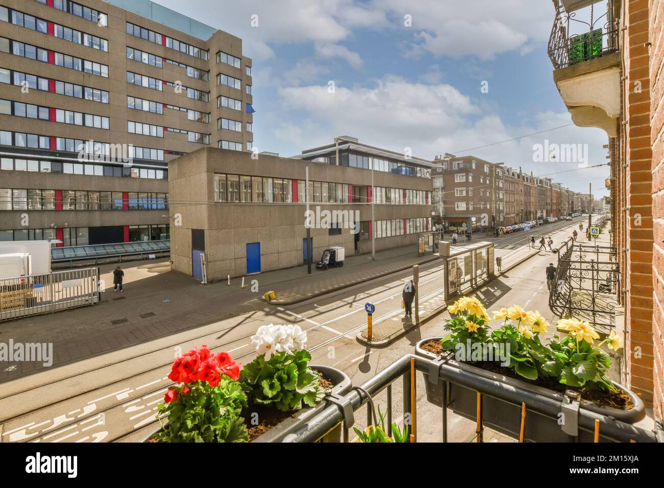 Balcony with metal fence of residential building located in suburb area ...