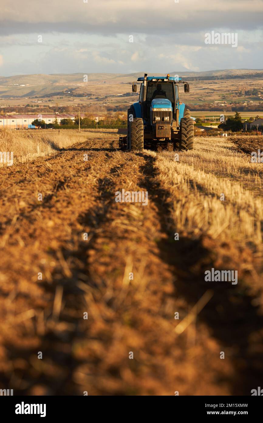 Unrecognizable farmer driving tractor while working soil of ...