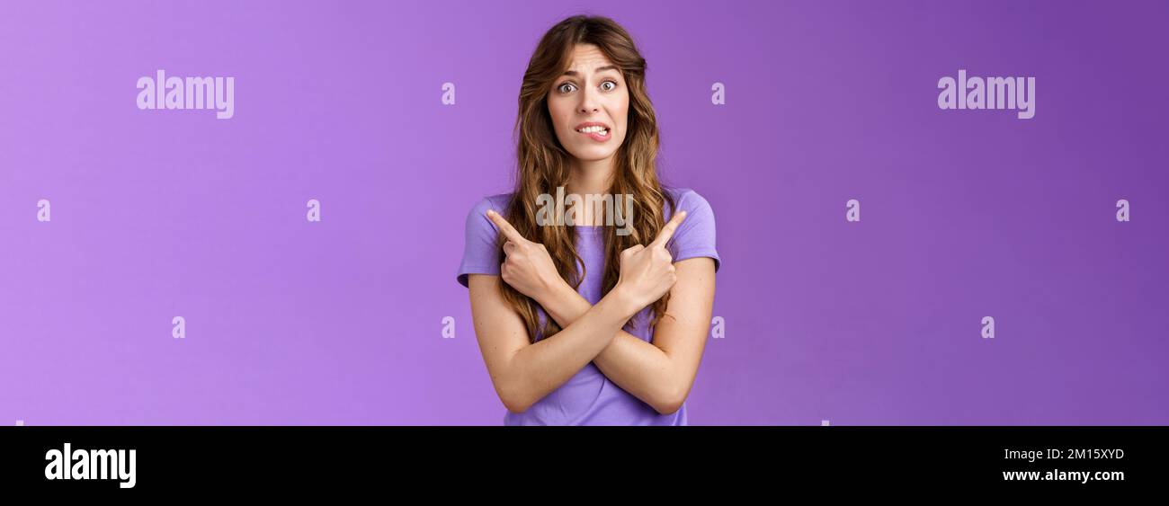 Perplexed timid hesitant worried girlfriend afraid making bad choice ...