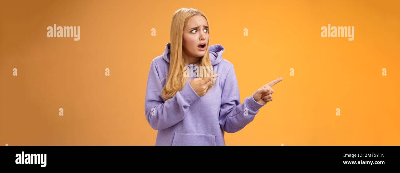 Concerned freak-out panicking funny blond girl gasping pop eyes drop ...